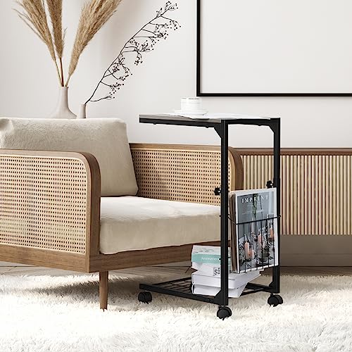 C Shaped Side Table End Table for Couch Sofa and Bed Small Snack Table with Wheels Height Adjustable C Table for Small Spaces Living Room Bedroom Metal Frame, Grey