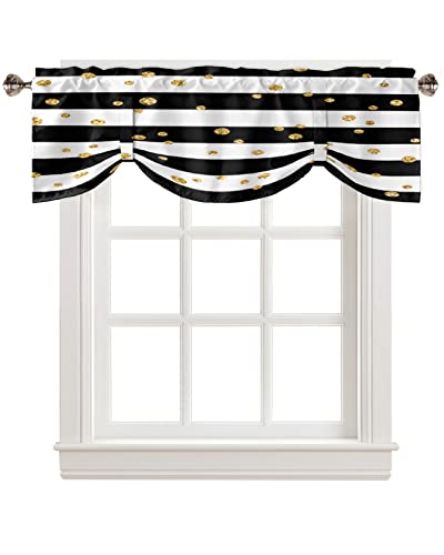 Livencher Tie-Up Valance Curtains for Window - Black and White Stripe Gold Polka Dot Kitchen Valance - Light Filtering Valance Curtains Short Curtains with Adjustable Tie 42"x12"