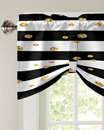 Livencher Tie-Up Valance Curtains for Window - Black and White Stripe Gold Polka Dot Kitchen Valance - Light Filtering Valance Curtains Short Curtains with Adjustable Tie 42"x12"