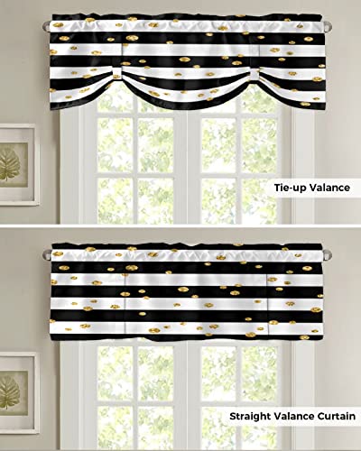 Livencher Tie-Up Valance Curtains for Window - Black and White Stripe Gold Polka Dot Kitchen Valance - Light Filtering Valance Curtains Short Curtains with Adjustable Tie 42"x12"