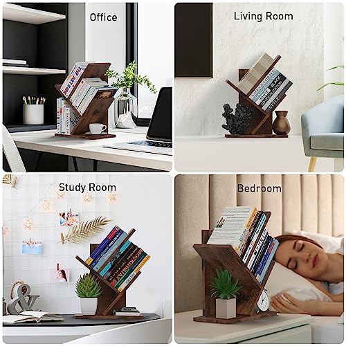 THASOK 𝟮𝟬𝟮𝟯 𝐔𝐩𝐠𝐫𝐚𝐝𝐞𝐝 Tree Bookshelf, 3 Tier Wood Shelf Bookcase, Retro Floor Standing Small Bookshelf, Book Storage Rack for CDs/Movies for Home Office, Bedroom, Living Room, Rustic Brown