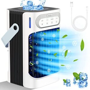 portable air conditioners, tiokviop evaporative air cooler [upgraded 10w & 3 cool mist] 3 in 1, 3 wind speed & 7 led light, 3 cool mist & 2-8h timer cold ac, personal mini air cooling fan for room