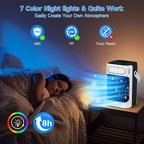 Portable Air Conditioners, TIOKVIOP Evaporative Air Cooler [Upgraded 10W & 3 Cool Mist] 3 in 1, 3 Wind Speed & 7 LED Light, 3 Cool Mist & 2-8H Timer Cold AC, Personal Mini Air Cooling Fan for Room