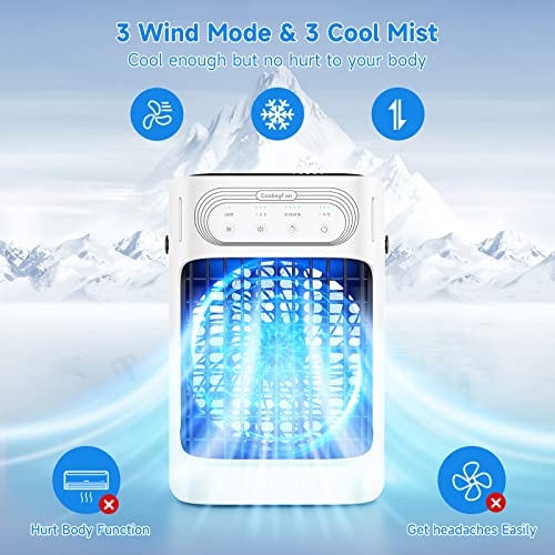 Portable Air Conditioners, TIOKVIOP Evaporative Air Cooler [Upgraded 10W & 3 Cool Mist] 3 in 1, 3 Wind Speed & 7 LED Light, 3 Cool Mist & 2-8H Timer Cold AC, Personal Mini Air Cooling Fan for Room