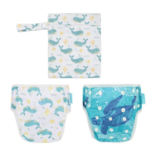 HappyFlute 3Set Swim Diapers Covers Adjustable for 0-2years Babies, Infants & Toddlers 10-40lbs Unisex Baby,2 Water Diapers+1Wet Bag (Whale)