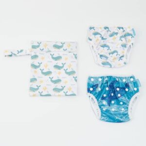 HappyFlute 3Set Swim Diapers Covers Adjustable for 0-2years Babies, Infants & Toddlers 10-40lbs Unisex Baby,2 Water Diapers+1Wet Bag (Whale)