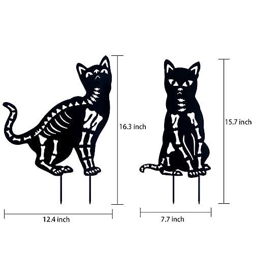 YEAHOME Halloween Decorations Outdoor, 2 Pack Skeleton Black Cat Garden Stakes for Halloween Decor, Scary Metal Cat Silhouette Yard Signs for Outside Garden Lawn Patio Party Decorations