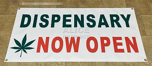 22" X 44" DISPENSARY NOW OPEN Vinyl Banner Sign (Design #1), Existing Text Change Available (Optional)