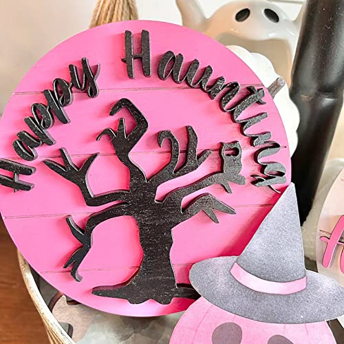 Halloween Decor-7Pcs Halloween Tray Decor-Cute Boo Ghosts with a Bow Pumpkin Happy Halloween Signs-Pink Farmhouse Rustic Tiered Tray Decor Items for Home Table House Room