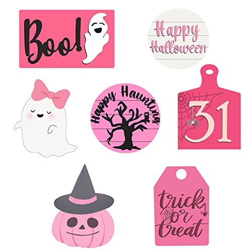 Halloween Decor-7Pcs Halloween Tray Decor-Cute Boo Ghosts with a Bow Pumpkin Happy Halloween Signs-Pink Farmhouse Rustic Tiered Tray Decor Items for Home Table House Room