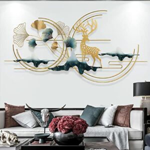 POCHY Metal Wall Art Ginkgo Leaf Wall Decoration Golden Deer Wall Art Wall-Mounted Sculpture for Sofa Background Study office 3D Hanging Size:130x65cm