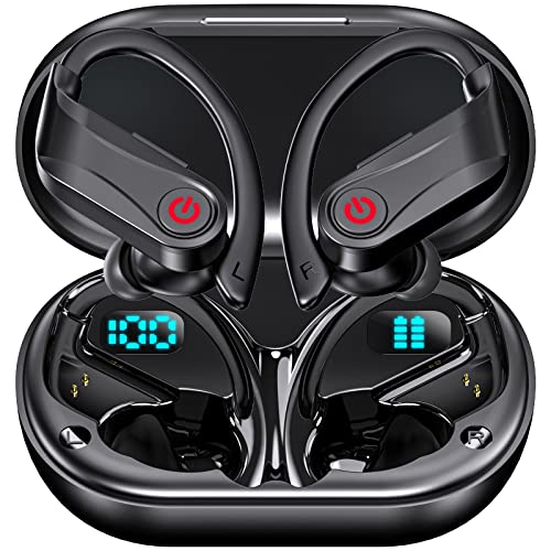 Wireless Earbuds Bluetooth 5.3 Sport True Wireless Earbuds with Microphone, Over-Ear Stereo Bass Ear Buds with Earhooks,Ear Phone Wireless Earbuds,LED Battery Display for Sports/Workout/Gym Black