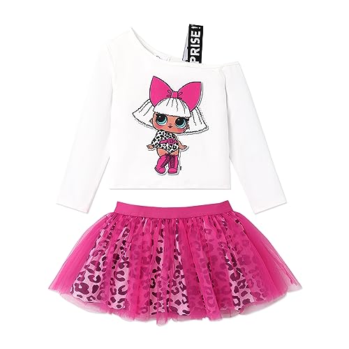 L.O.L. Surprise! Toddler Girl 2pcs Character Print Long-sleeve One-Shoulder Top and Leopard Pattern Pink Mesh Skirt Set Rose-3 5-6 Years