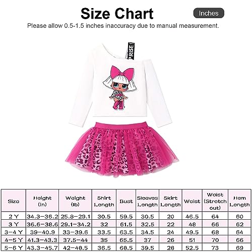 L.O.L. Surprise! Toddler Girl 2pcs Character Print Long-sleeve One-Shoulder Top and Leopard Pattern Pink Mesh Skirt Set Rose-3 5-6 Years