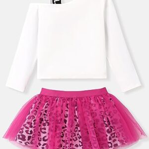 L.O.L. Surprise! Toddler Girl 2pcs Character Print Long-sleeve One-Shoulder Top and Leopard Pattern Pink Mesh Skirt Set Rose-3 5-6 Years