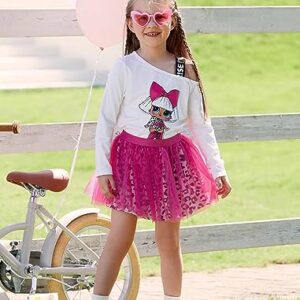 L.O.L. Surprise! Toddler Girl 2pcs Character Print Long-sleeve One-Shoulder Top and Leopard Pattern Pink Mesh Skirt Set Rose-3 5-6 Years