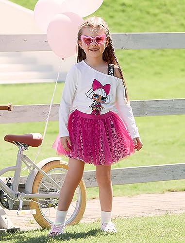 L.O.L. Surprise! Toddler Girl 2pcs Character Print Long-sleeve One-Shoulder Top and Leopard Pattern Pink Mesh Skirt Set Rose-3 5-6 Years