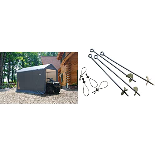 ShelterLogic 6' x 12' Shed-in-a-Box All Season Steel Metal Frame Peak Roof Outdoor Storage Shed & ShelterAuger 4-Piece 30-Inch Reusable Heavy Duty Steel Earth Auger Anchor Kit