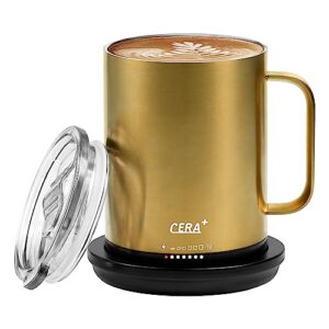 cera+ temperature controlled smart mug 2, self-heating coffee mug with lid, 90 minutes battery life, app or manual control (gold - 14 oz)