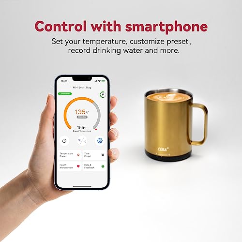 CERA+ Temperature Controlled Smart Mug 2, Self-Heating Coffee Mug with Lid, 90 Minutes Battery Life, APP or Manual Control (Gold - 14 oz)