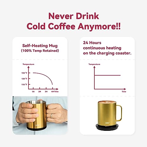 CERA+ Temperature Controlled Smart Mug 2, Self-Heating Coffee Mug with Lid, 90 Minutes Battery Life, APP or Manual Control (Gold - 14 oz)