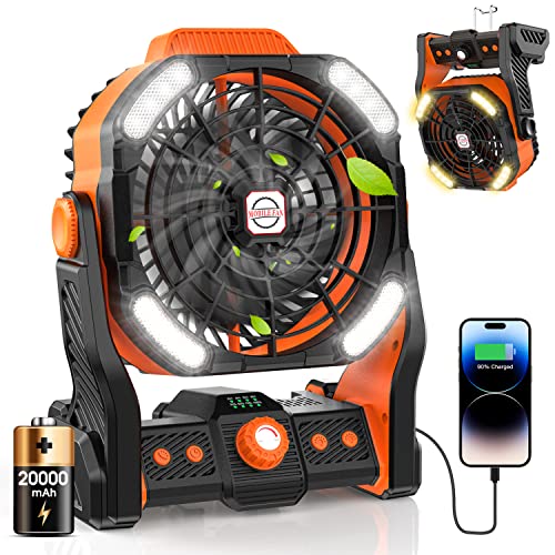 DOWILLDO 20000mAh Battery Operated Portable Fan - Rechargeable Outdoor Camping Fan with LED Lantern, Personal Cooling Fan for Bedroom with Cold Air, Table Fan for Travel, Hiking, Fishing, Picnic