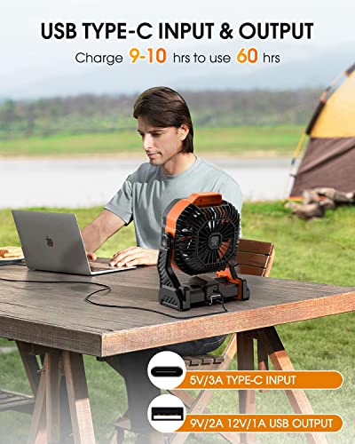 DOWILLDO 20000mAh Battery Operated Portable Fan - Rechargeable Outdoor Camping Fan with LED Lantern, Personal Cooling Fan for Bedroom with Cold Air, Table Fan for Travel, Hiking, Fishing, Picnic