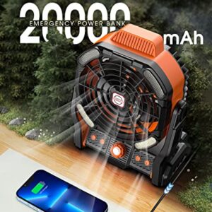 DOWILLDO 20000mAh Battery Operated Portable Fan - Rechargeable Outdoor Camping Fan with LED Lantern, Personal Cooling Fan for Bedroom with Cold Air, Table Fan for Travel, Hiking, Fishing, Picnic