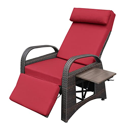 Outdoor Wicker Recliner Chair with Side Table, Adjustable Reclining Lounge Chair and Removable Soft Cushion, All-Weather Resin Wicker Reclining Patio Chair (Red)