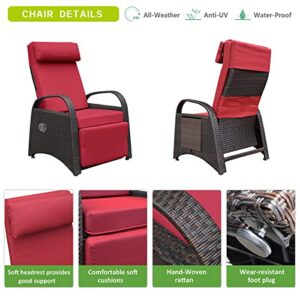 Outdoor Wicker Recliner Chair with Side Table, Adjustable Reclining Lounge Chair and Removable Soft Cushion, All-Weather Resin Wicker Reclining Patio Chair (Red)