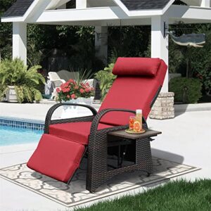 Outdoor Wicker Recliner Chair with Side Table, Adjustable Reclining Lounge Chair and Removable Soft Cushion, All-Weather Resin Wicker Reclining Patio Chair (Red)