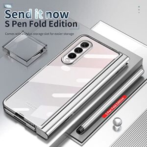 EAXER for Samsung Galaxy Z Fold 3 5G Case, Full Coverage Protection, with Screen Tempered Protector, Plating Hinge Protection Clear Case Cover with Stylus Pen (Silver)