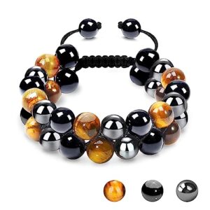 midon mens bracelets beads, triple protection bracelet for men women, yellow tiger eye black obsidian hematite natural crystal 10mm beads bracelet bring prosperity luck and happiness