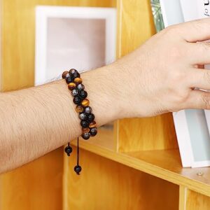 MIDON Mens Bracelets Beads, Triple Protection Bracelet for Men Women, Yellow Tiger Eye Black Obsidian Hematite Natural Crystal 10mm Beads Bracelet Bring Prosperity Luck and Happiness