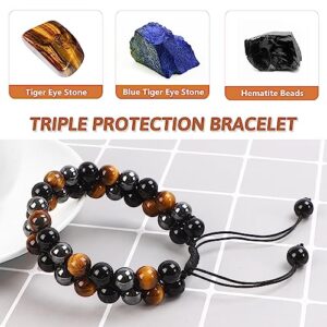 MIDON Mens Bracelets Beads, Triple Protection Bracelet for Men Women, Yellow Tiger Eye Black Obsidian Hematite Natural Crystal 10mm Beads Bracelet Bring Prosperity Luck and Happiness