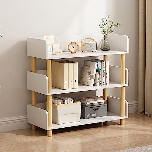 3-Tier Wooden Bookcase,White Bookshelf,Modern Open Bookshelf,Wood Storage Shelves Display Stand with Top Edge and Solid Wood Frame for Living Room,Bedroom,Home Office