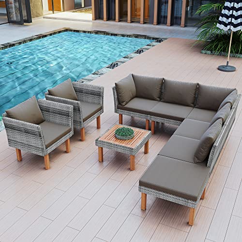 GLORHOME Wicker 9-Piece Outdoor Patio Rattan Sofa Garden Furniture Set Legs and Acacia Wood Tabletop Table, Armrest Chairs with Grey Cushions, Gray