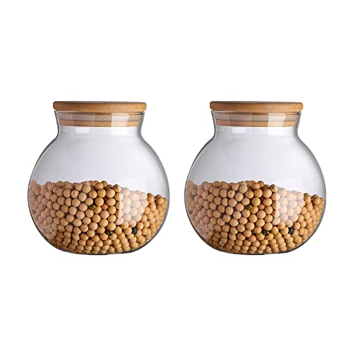 Aurfedes Set of 2 round glass jars with Bamboo lid – 17oz wedding candy jar kitchen Storage jar, perfect for tea, biscuits, cereals, flour, beans, spices, coffee beans etc (2PCS)