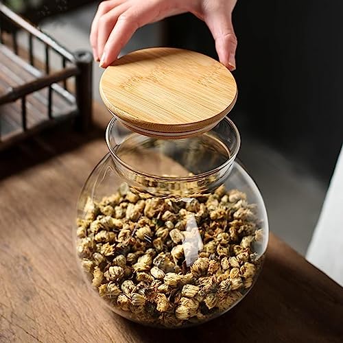 Aurfedes Set of 2 round glass jars with Bamboo lid – 17oz wedding candy jar kitchen Storage jar, perfect for tea, biscuits, cereals, flour, beans, spices, coffee beans etc (2PCS)