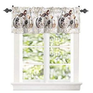 Window Curtain Valances for Kitchen Windows,Fall Flower Texture Ceramic Pumpkin Rod Pocket Short Window Valance Gold Line Leaves on White Treatment Valance for Living Room/Bathroom/Bedroom,42x18in