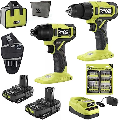 Ryobi 18V Cordless 2-Tool Combo Bundle with Drill, Impact Driver, 50-Piece Drill Bit Set, (2) 1.5 Ah Batteries, Charger, Tool Bag, Buho Drill Holster, and Buho Zipper Tool Pouch