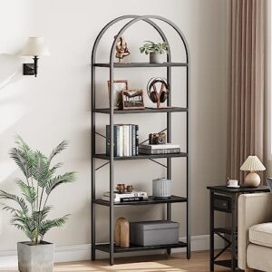 idealhouse bookshelf 5 tier bookcase arched display racks tall standing bookshelves metal frame open storage rack shelf large black book shelf for bedroom, living room, home office