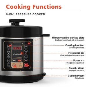 GTKZW Electric Pressure Cooker, 6 Quart Pressure Cooker Stainless Steel, 9-in-1 Multi-Functional Programmable Instant Cooker Pressure Pot with Slow Cooker,Including Stir-fry, Rice Cooker, Yogurt Maker