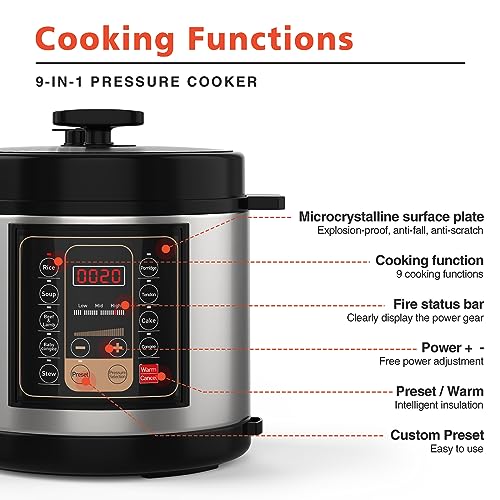 GTKZW Electric Pressure Cooker, 6 Quart Pressure Cooker Stainless Steel, 9-in-1 Multi-Functional Programmable Instant Cooker Pressure Pot with Slow Cooker,Including Stir-fry, Rice Cooker, Yogurt Maker