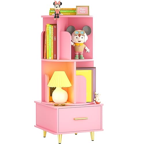 Cyclysio 360 Rotating Nightstand, 35'' Tall Pink Night Stand with Shelves, Narrow Bedside Table with Drawer, Modern Slim Nightstand for Small Space, Small High Side Table, Bedroom, Sofa Side, Pink