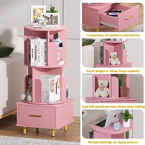 Cyclysio 360 Rotating Nightstand, 35'' Tall Pink Night Stand with Shelves, Narrow Bedside Table with Drawer, Modern Slim Nightstand for Small Space, Small High Side Table, Bedroom, Sofa Side, Pink