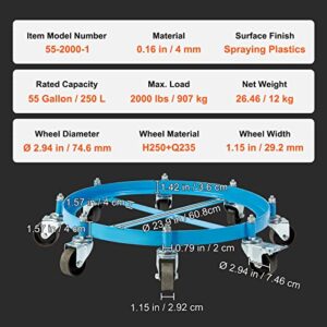 VEVOR 55 Gallon Heavy Duty Drum Dolly, 2000lbs Load Capacity, Barrel Dolly Cart Drum Caddy, Non Tipping Hand Truck Capacity Dollies with Steel Frame 8 Swivel Casters Wheel, for Warehouse Drum Handling