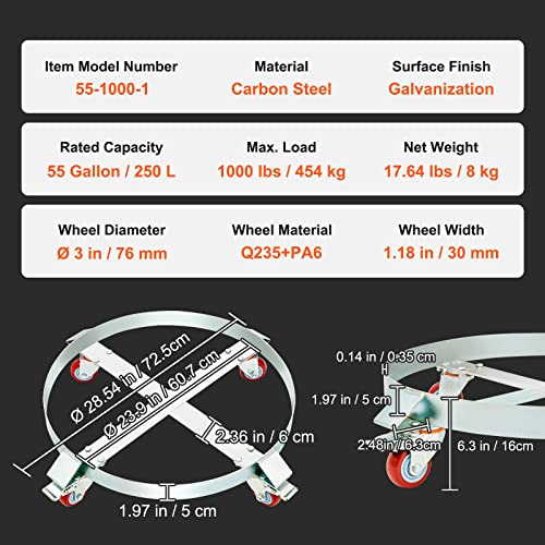 VEVOR 55 Gallon Heavy Duty Drum Dolly, 1000lbs Load Capacity, Barrel Dolly Cart Drum Caddy, Non Tipping Hand Truck Capacity Dollies with Steel Frame 4 Swivel Casters Wheel, for Warehouse Drum Handling