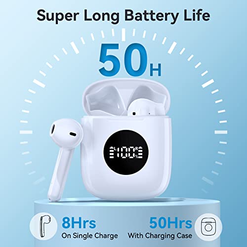 Bluetooth Headphones V5.3 Wireless Earbuds 50Hrs Battery Life with Wireless Charging Case & LED Power Display Deep Bass IPX7 Waterproof Earphones Microphone Stereo Headset for TV Smart Phone white