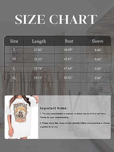 GEMLON Womens Nashville Shirts Country Music Summer Tshirts Oversized Graphic Short Sleeve Tees for Women Teen Girls White S